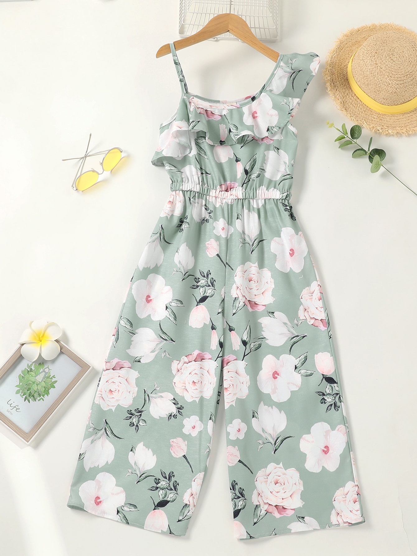 Girls Floral Print Asymmetrical Neck Ruffle Trim Wide Leg Jumpsuit