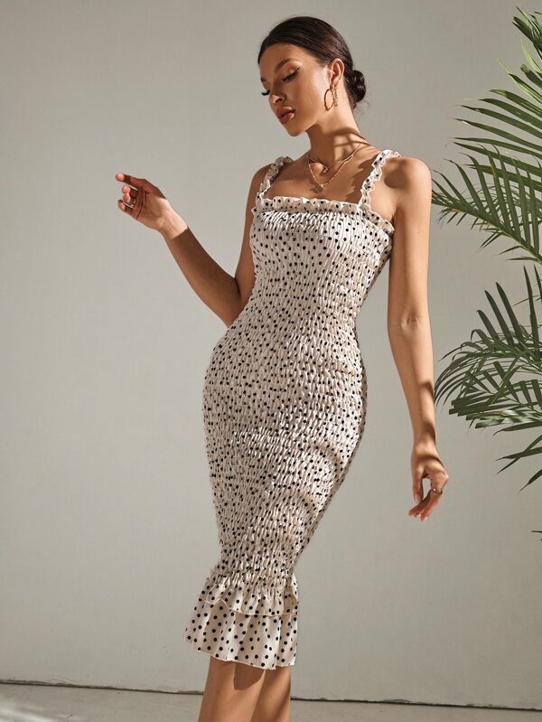 SHEIN VCAY Polka Dot Shirred Ruffle Trim Dress | SHEIN UK