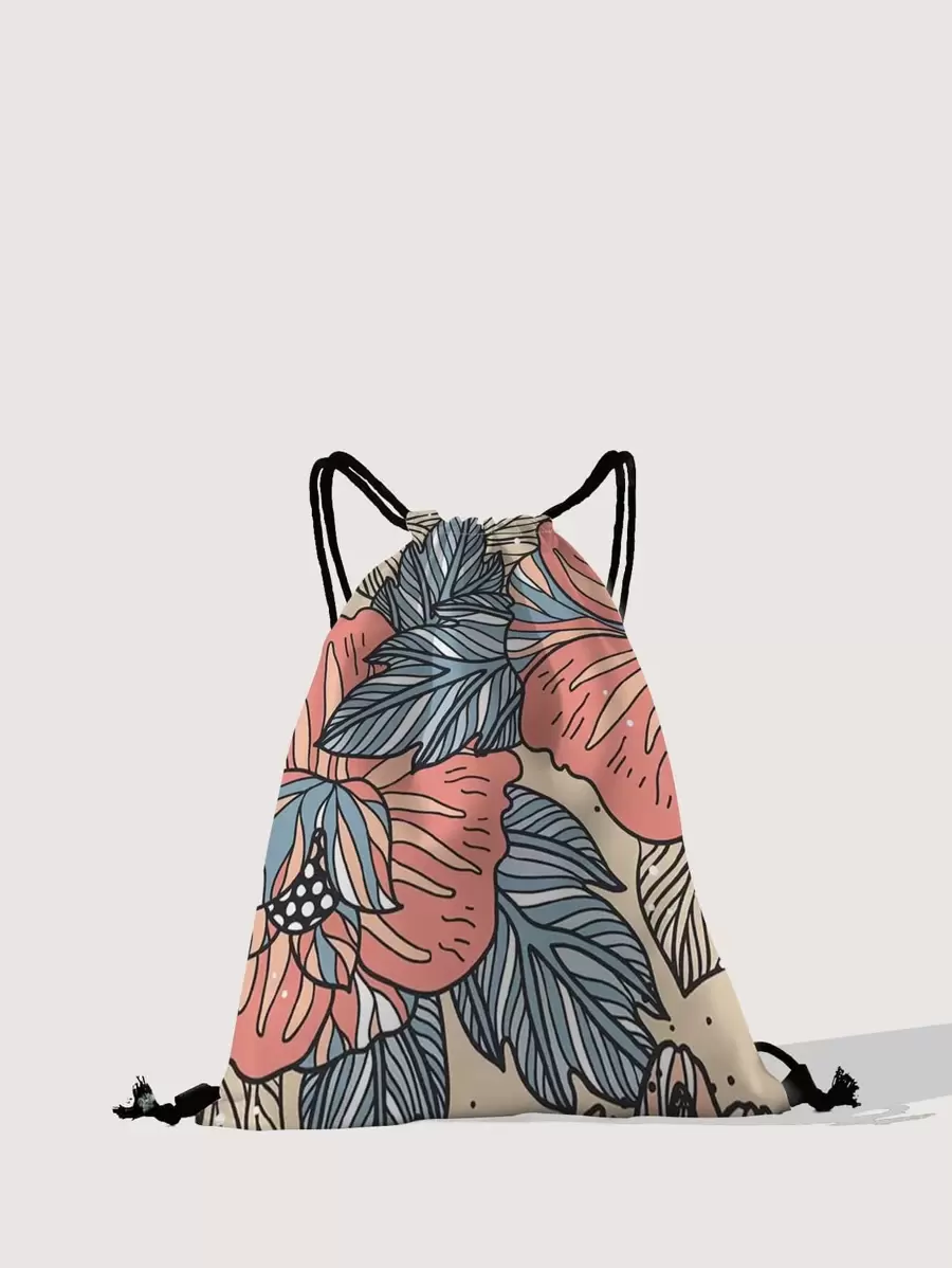 Allover Leaf Graphic Drawstring Backpack, Lightweight & Durable Small ...