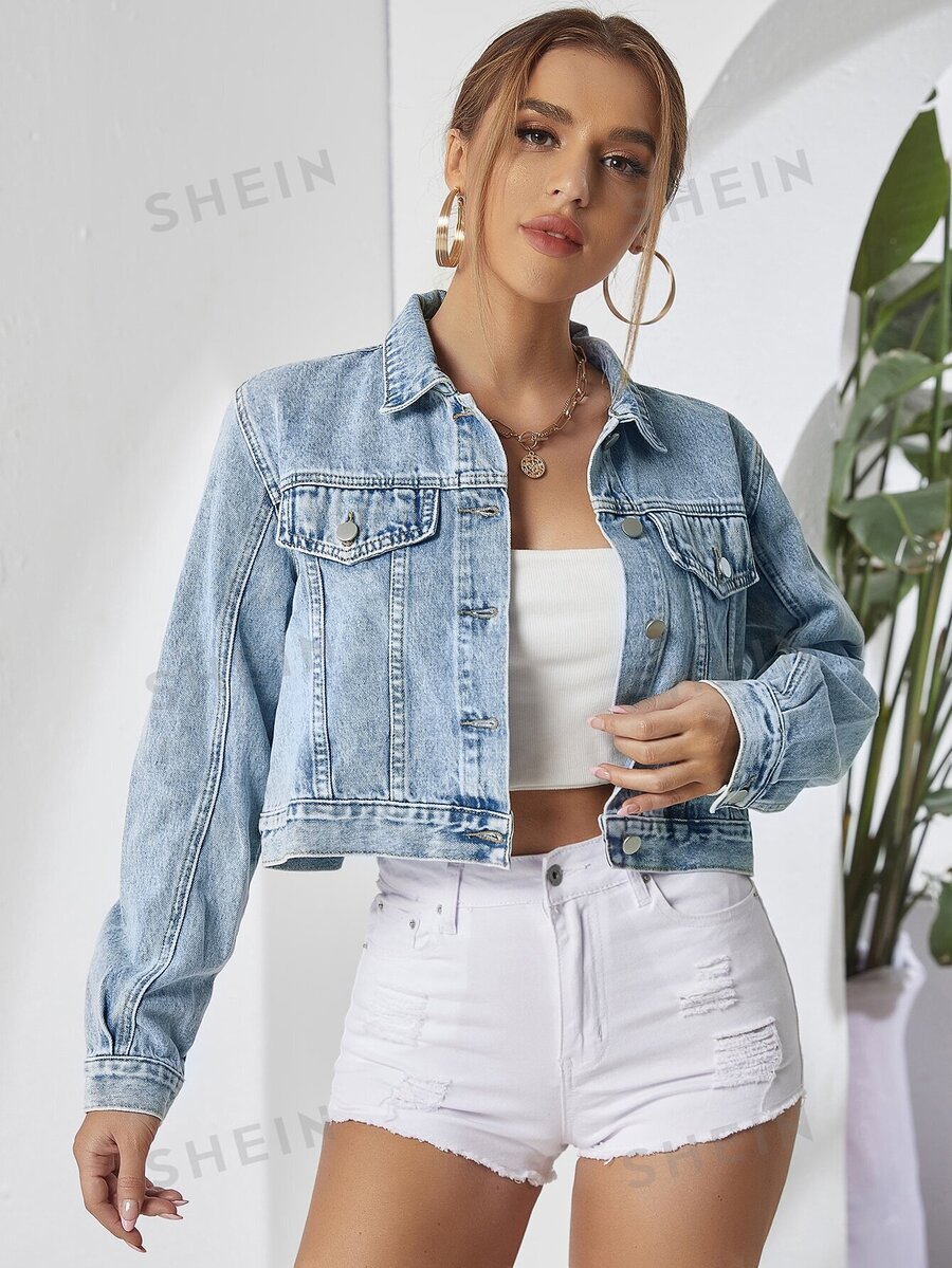 SHEIN Essnce Light Washed Button Front Denim Jacket | SHEIN USA