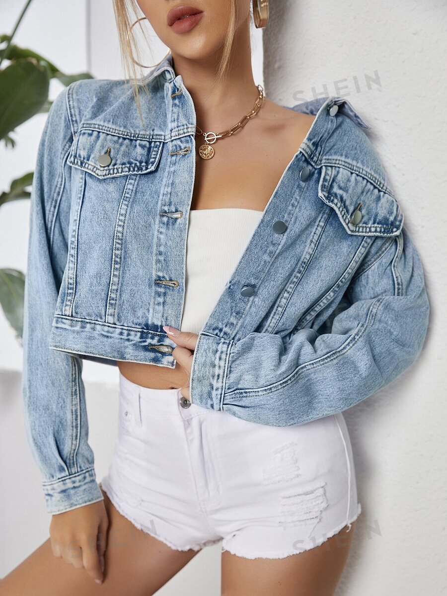 SHEIN Essnce Light Washed Button Front Denim Jacket | SHEIN USA
