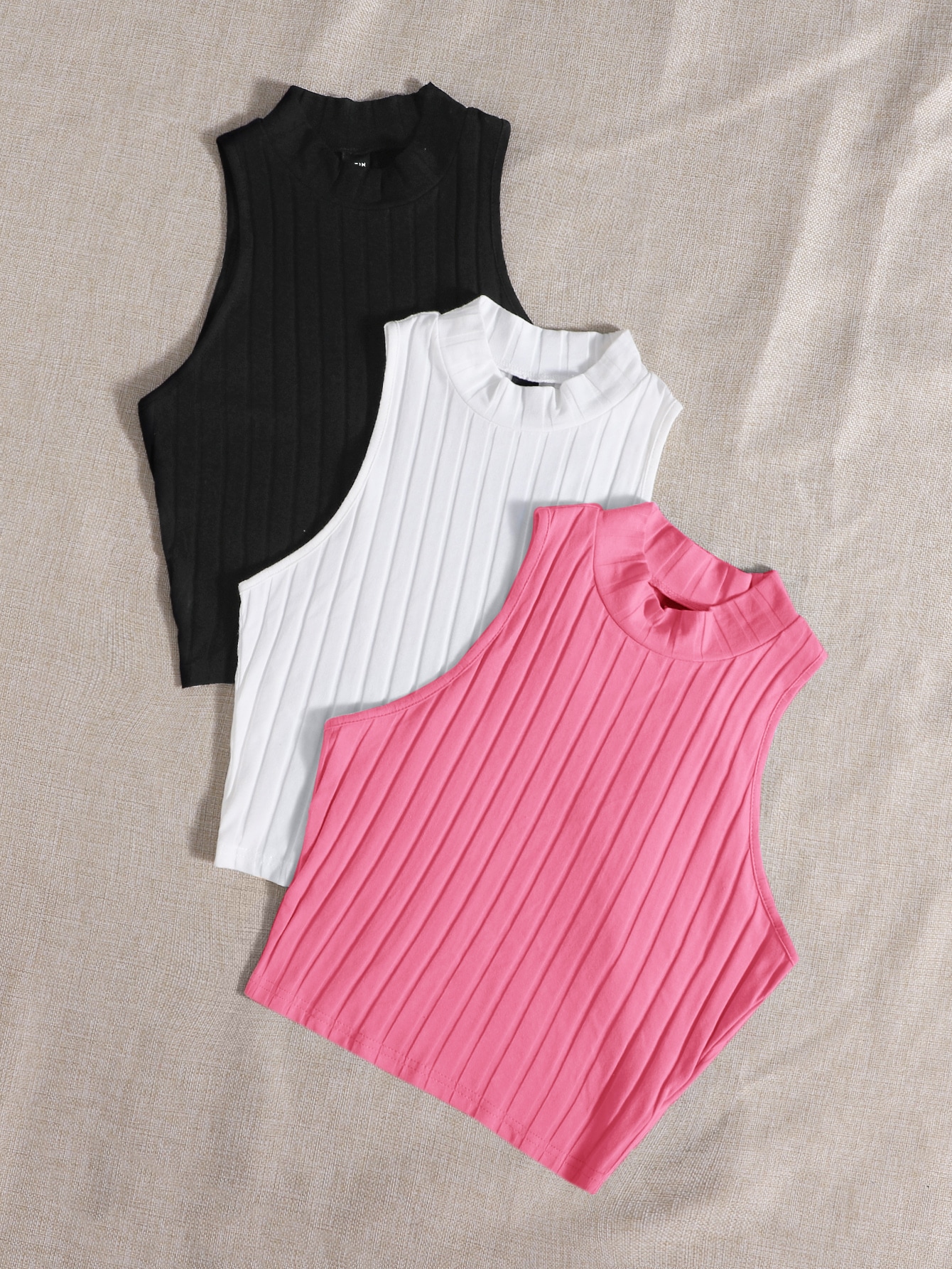 Shein Ezwear 3 Piezas Top Tank De Cuello Alto Tejido De Canalé Moda