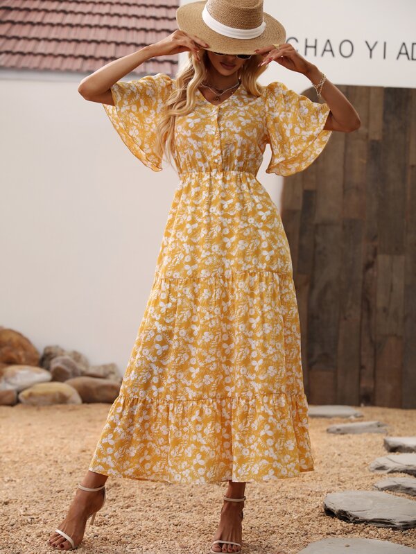 SHEIN VCAY Allover Floral Print Butterfly Sleeve Ruffle Hem Dress | SHEIN USA