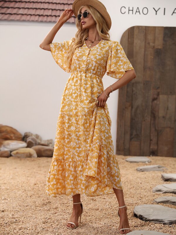 SHEIN VCAY Allover Floral Print Butterfly Sleeve Ruffle Hem Dress | SHEIN USA