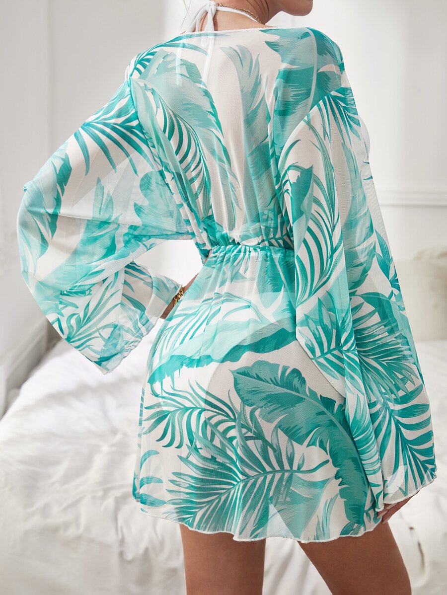 Tropical Print Drawstring Kimono | SHEIN USA