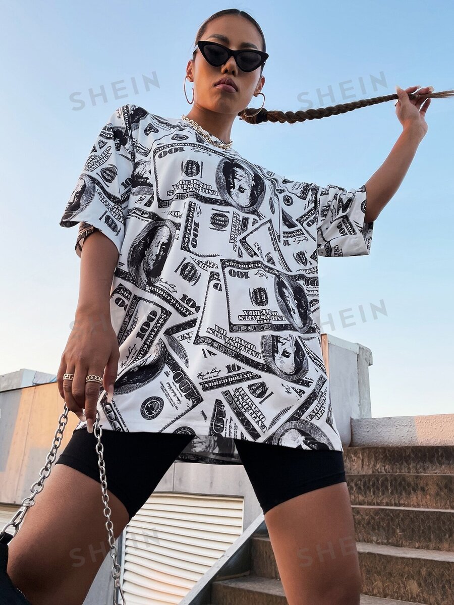 SHEIN Coolane Dollar Print Drop Shoulder Tee | SHEIN UK