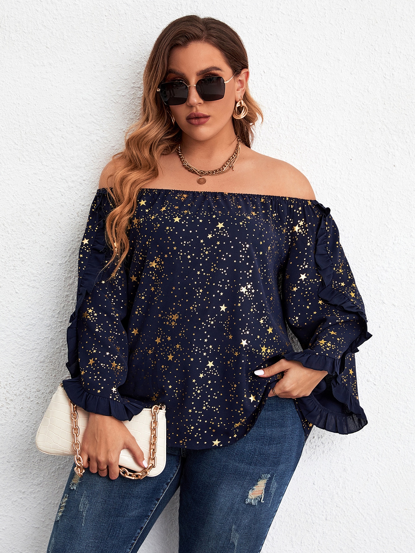 Plus Gold Star Print Off Shoulder Ruffle Trim Blouse | SHEIN USA