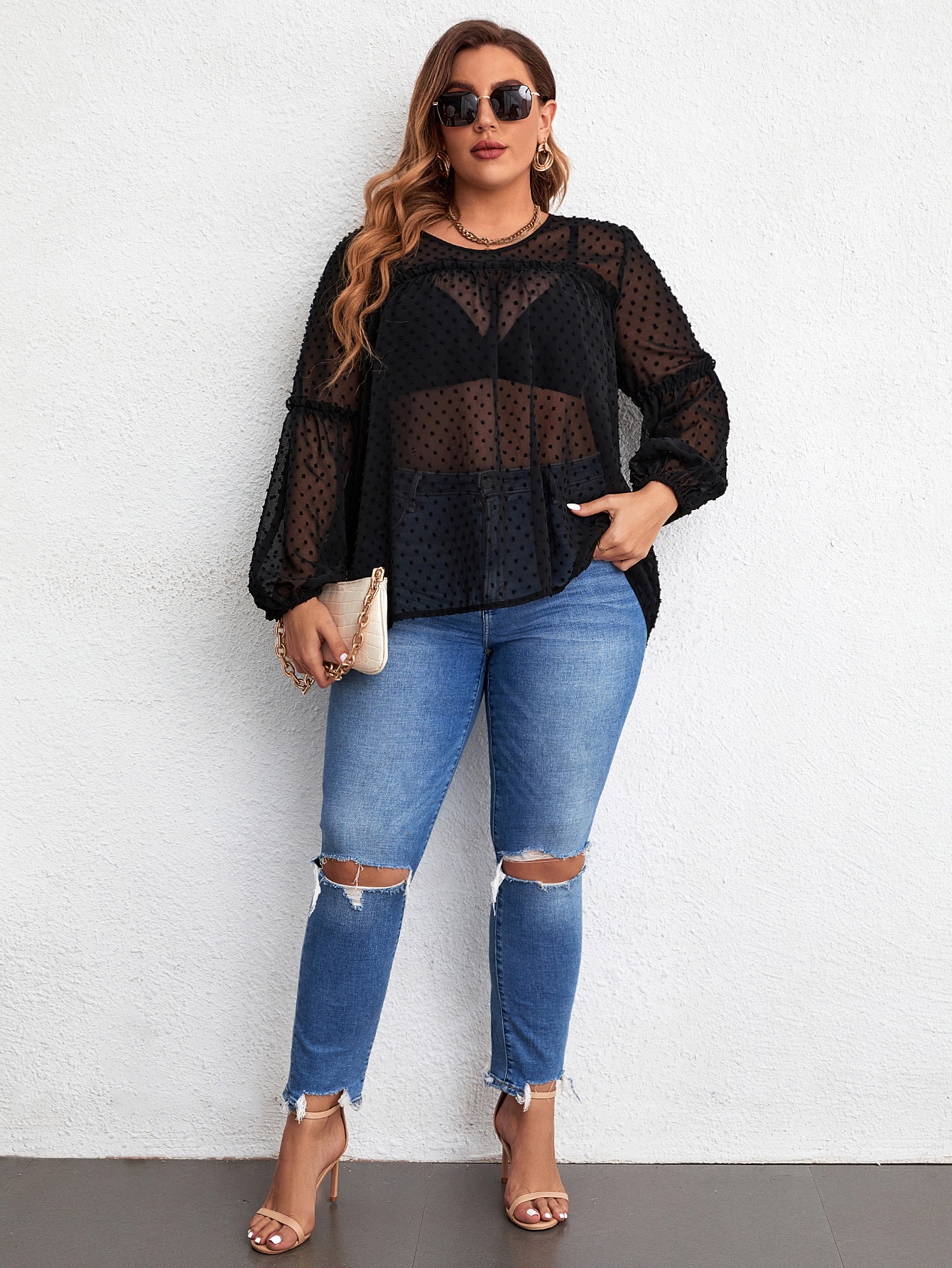 Plus Swiss Dot Lantern Sleeve Chiffon Blouse Without Bra | SHEIN EUR