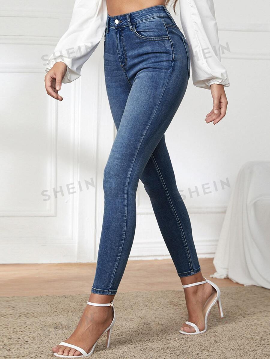 SHEIN Privé Light Washed Skinny Jeans | SHEIN UK