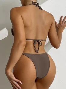 Swim Basics Solid Bikini Set Chain Linked Micro Triangle Bra & Thong ...