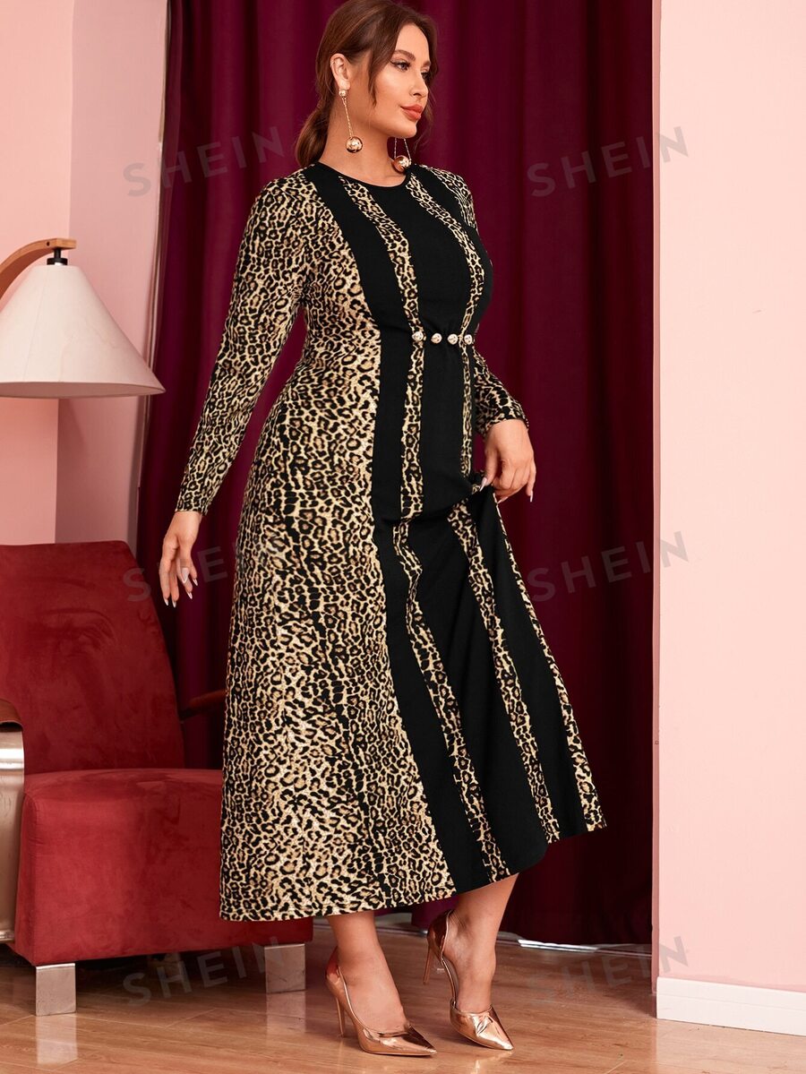 SHEIN Mulvari Plus Leopard Paneled Button Detail Dress | SHEIN UK