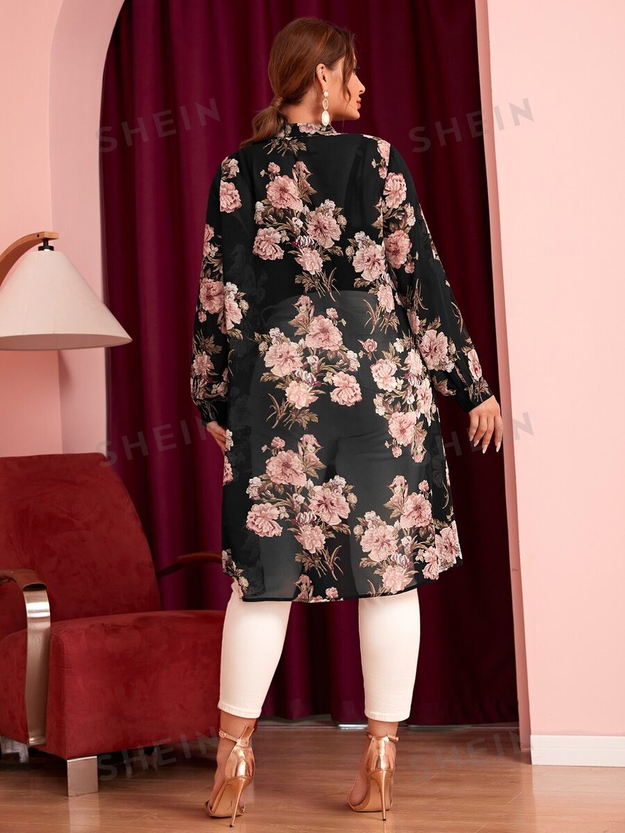 SHEIN Mulvari Plus Mock Neck Floral Print High Low Blouse | SHEIN UK