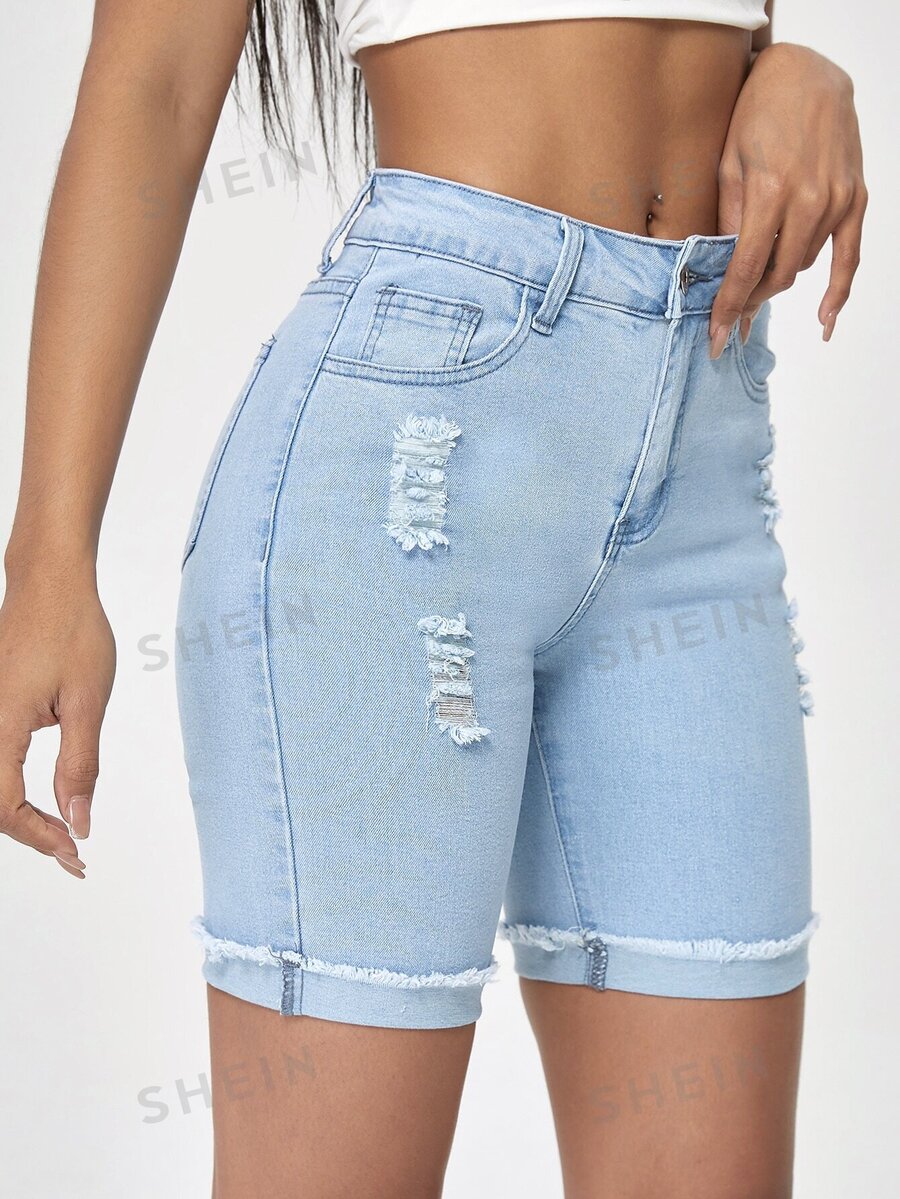 SHEIN Essnce Ripped Denim Biker Shorts | SHEIN USA