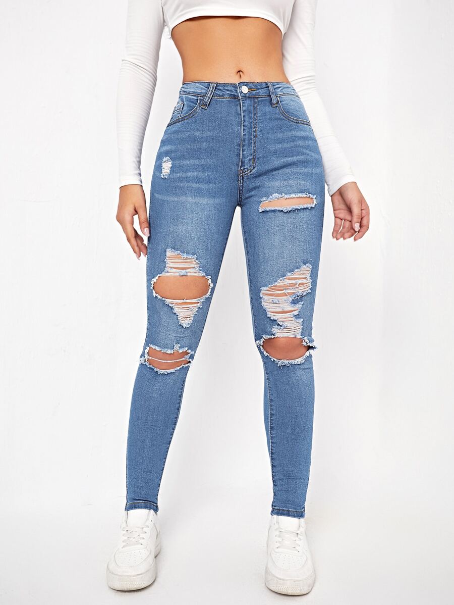 SHEIN Essnce Ripped Zipper Up Skinny Jeans | SHEIN USA