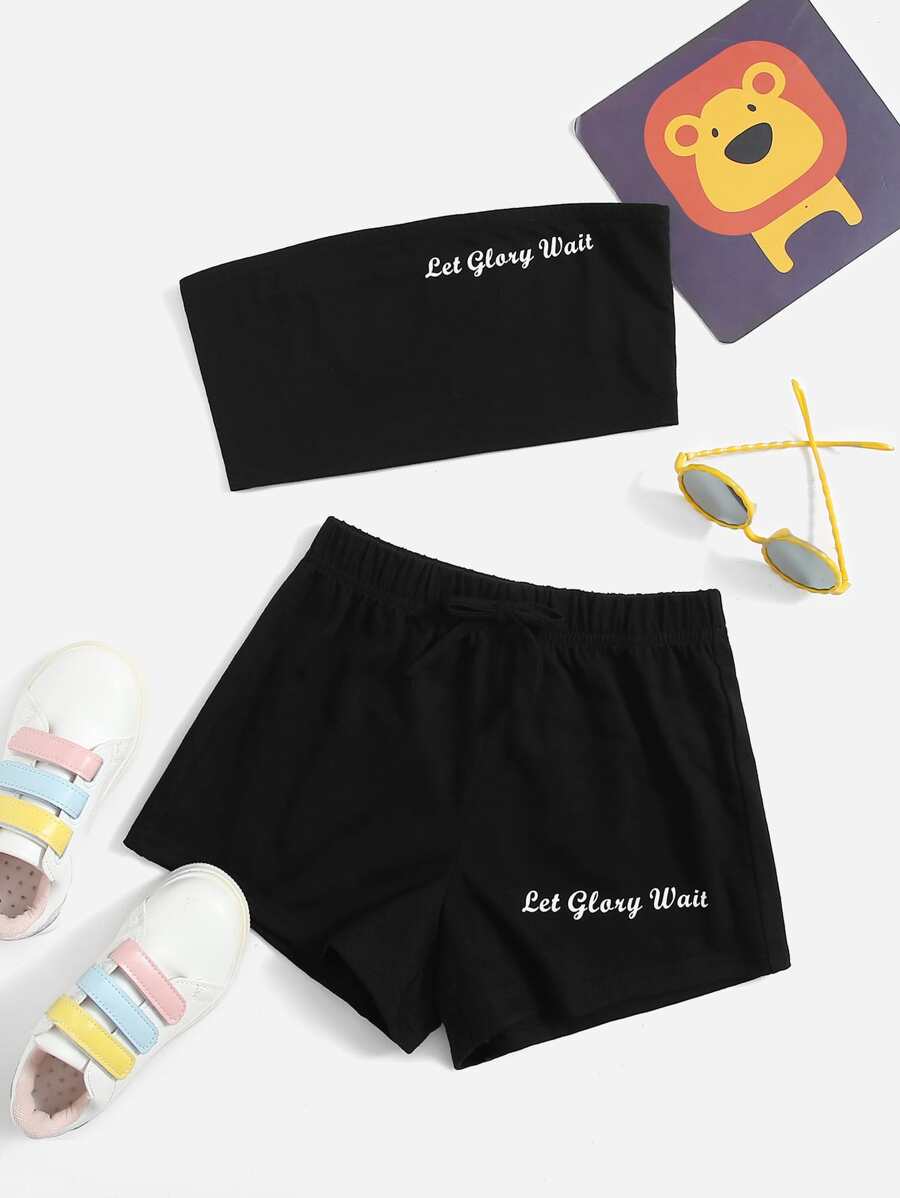 SHEIN Tween Girl Letter Graphic Bandeau Top & Knot Front Track Shorts ...