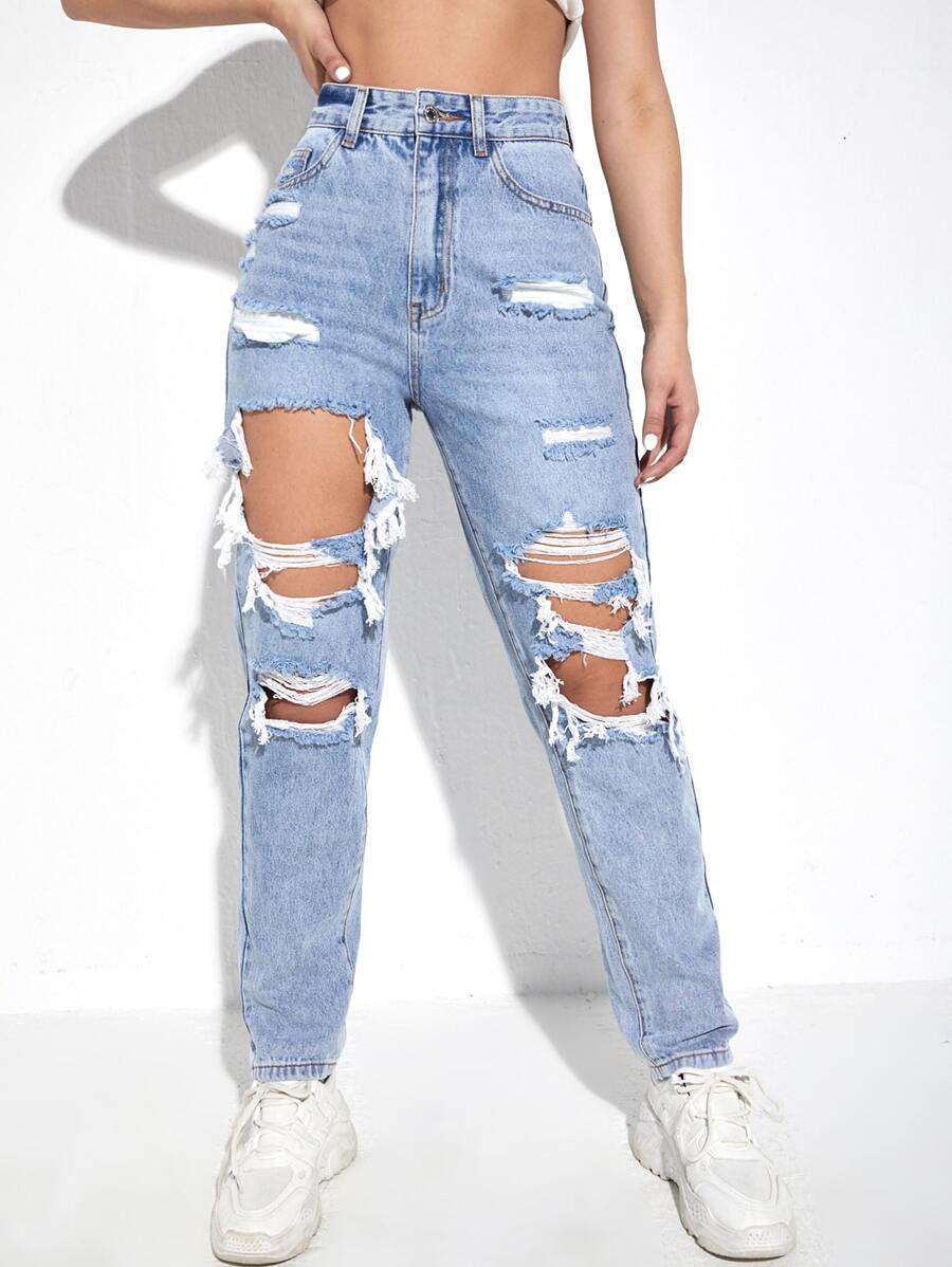 SHEIN EZwear Ripped Mom Fit Jeans | SHEIN USA