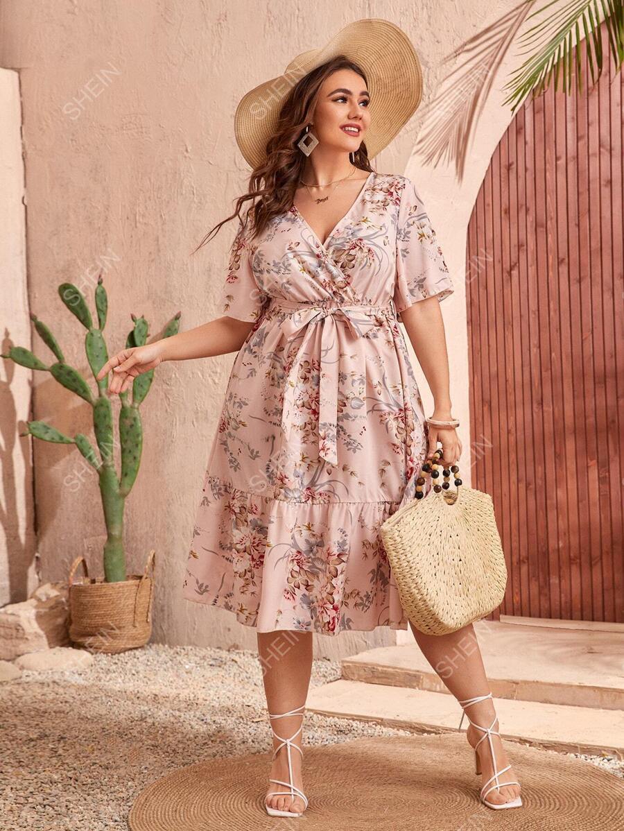 SHEIN VCAY Com cinto Bainha de Ruffle Embrulhar Floral Boho Vestido de ...