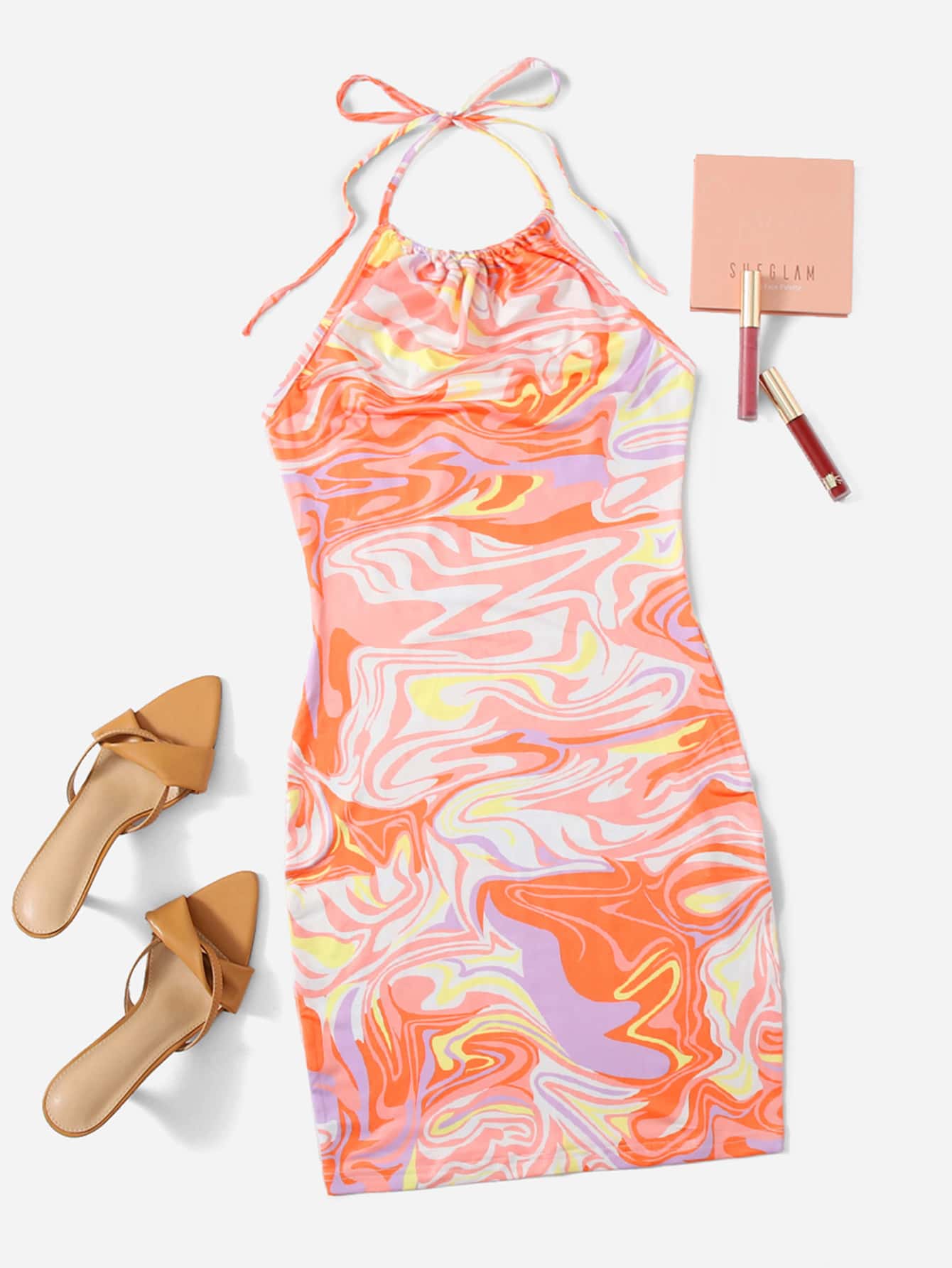 SHEIN ICON 90s Marble Print Ruched Halter Dress | SHEIN UK