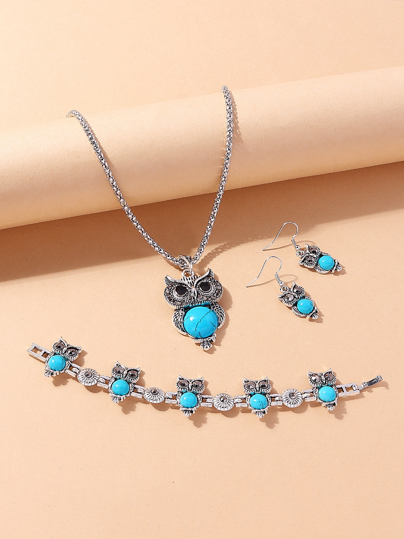 EMERY ROSE 4pcs Rhinestone Owl Decor Jewelry Set