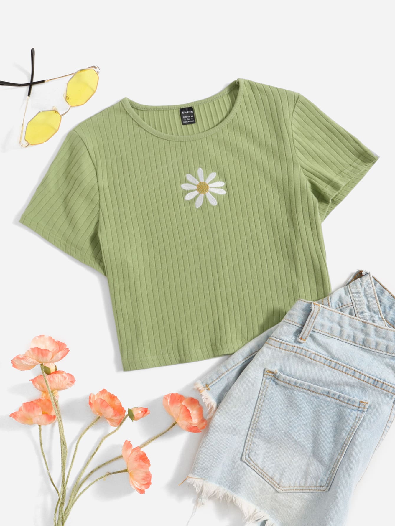 SHEIN Daisy Embroidered Rib-knit Tee