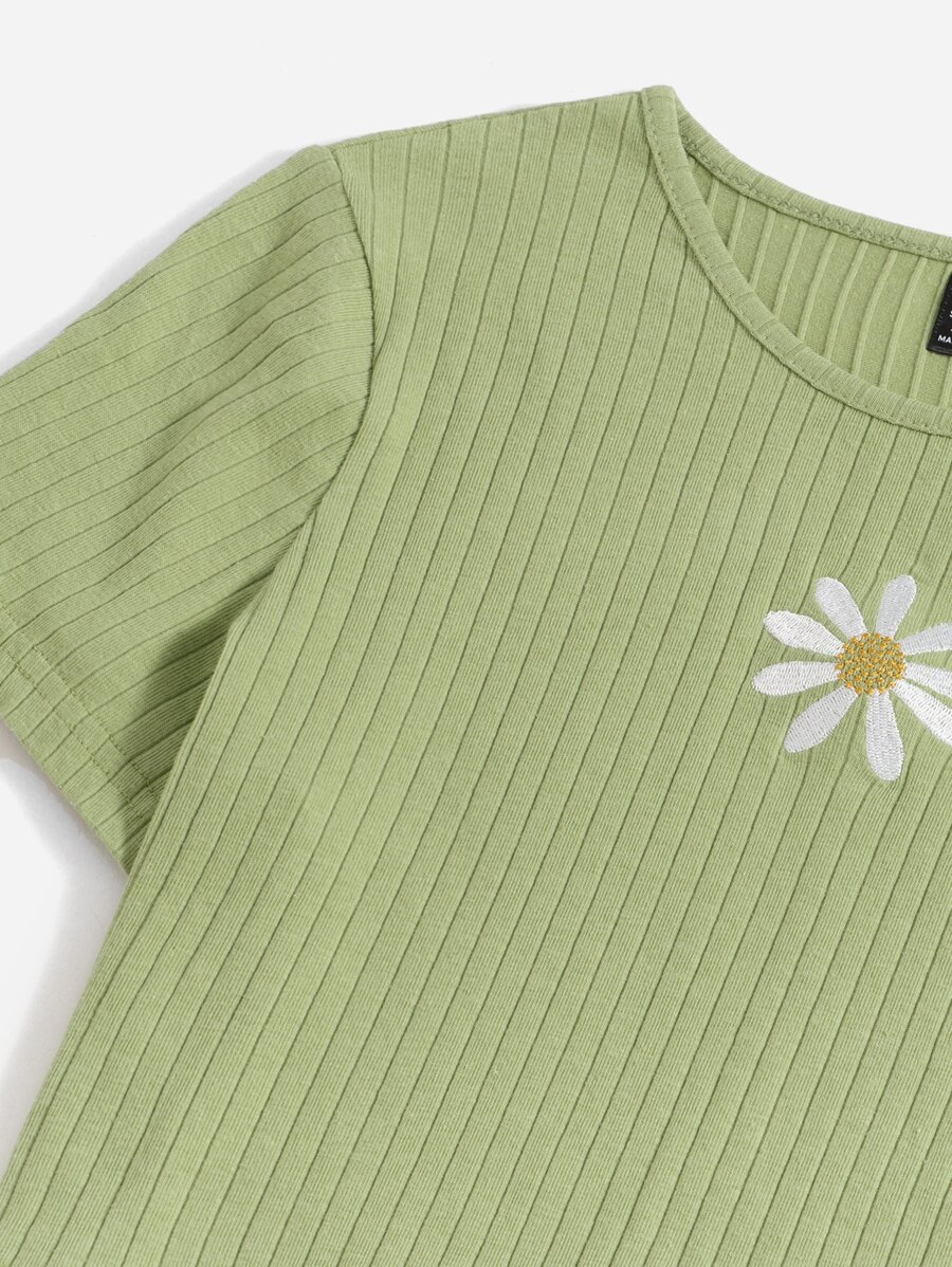 SHEIN EZwear Daisy Embroidered Rib-knit Tee | SHEIN USA