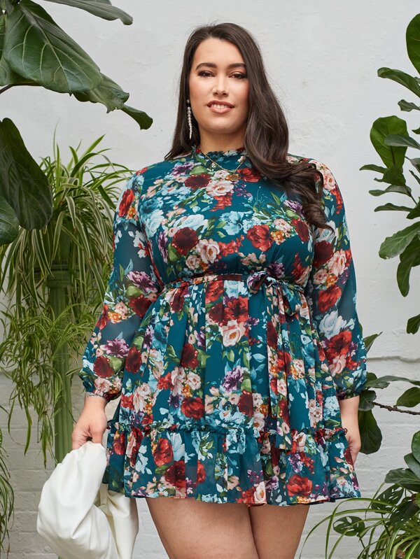 SHEIN Clasi Plus Floral Print Ruffle Hem Dress | SHEIN USA