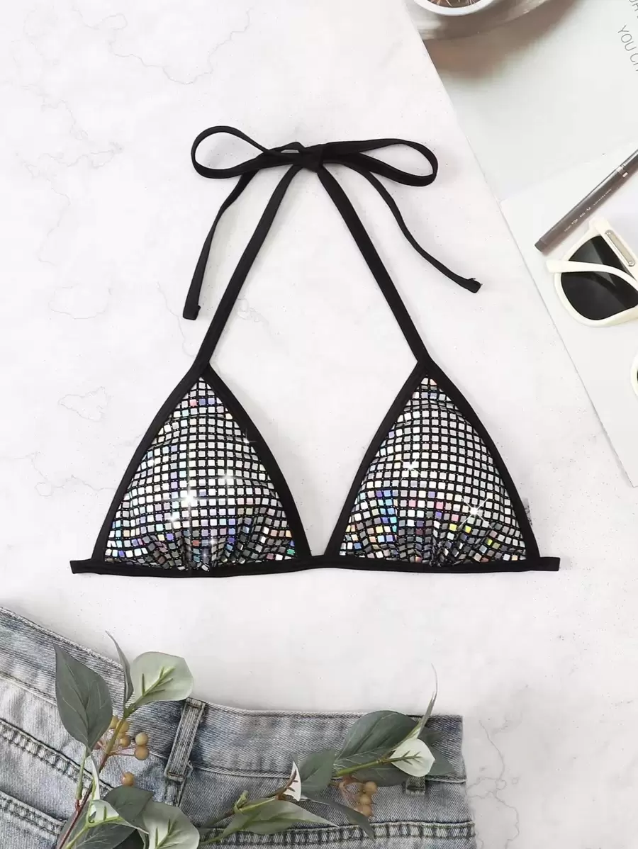 Women's Summer Beach Metallic Sequin String Bikini Top For Vacation ...