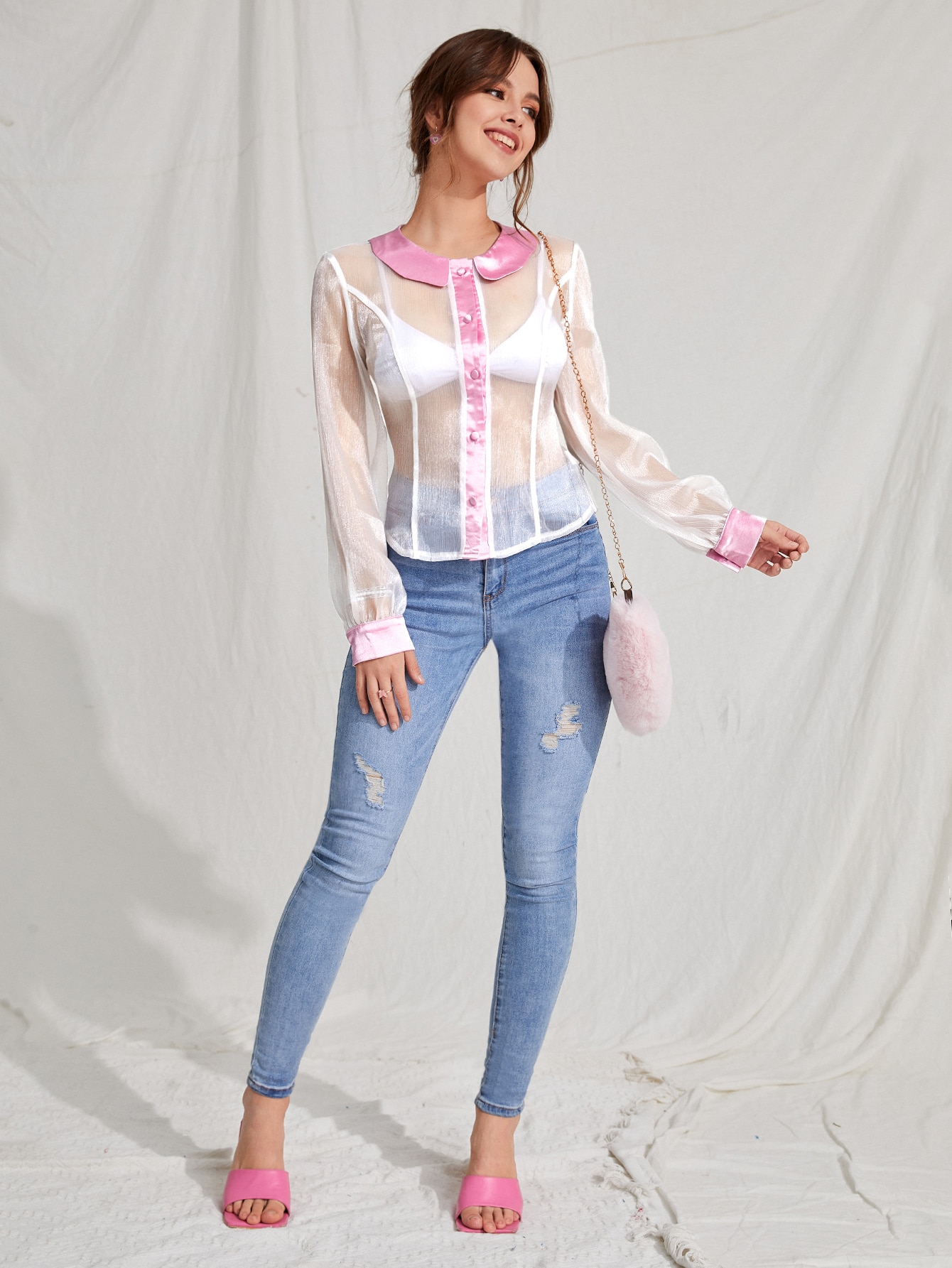 Contrast Collar Organza Blouse Without Bra | SHEIN USA