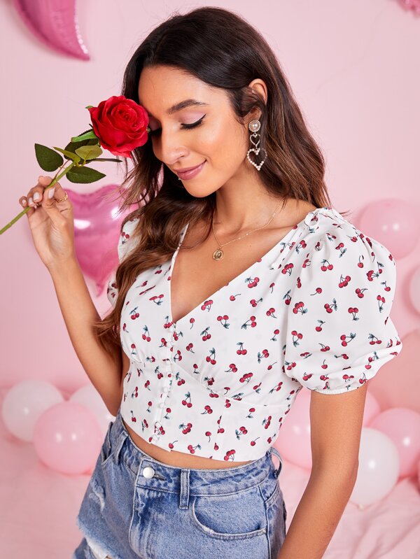 SHEIN Cherry Print Button Front Puff Sleeve Crop Top | SHEIN USA