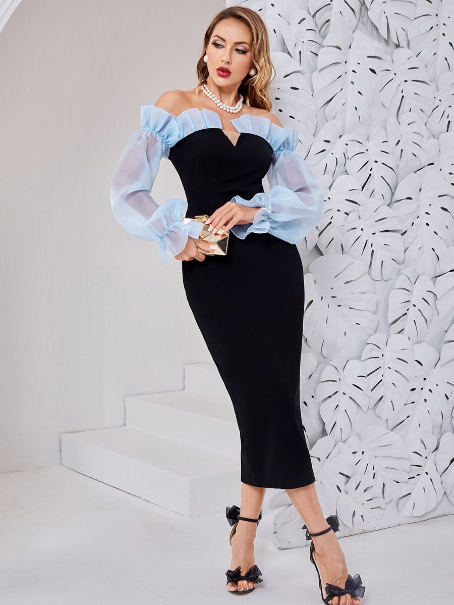 Shein Modely Colorblock Off Shoulder Flounce Sleeve Split Back Bodycon