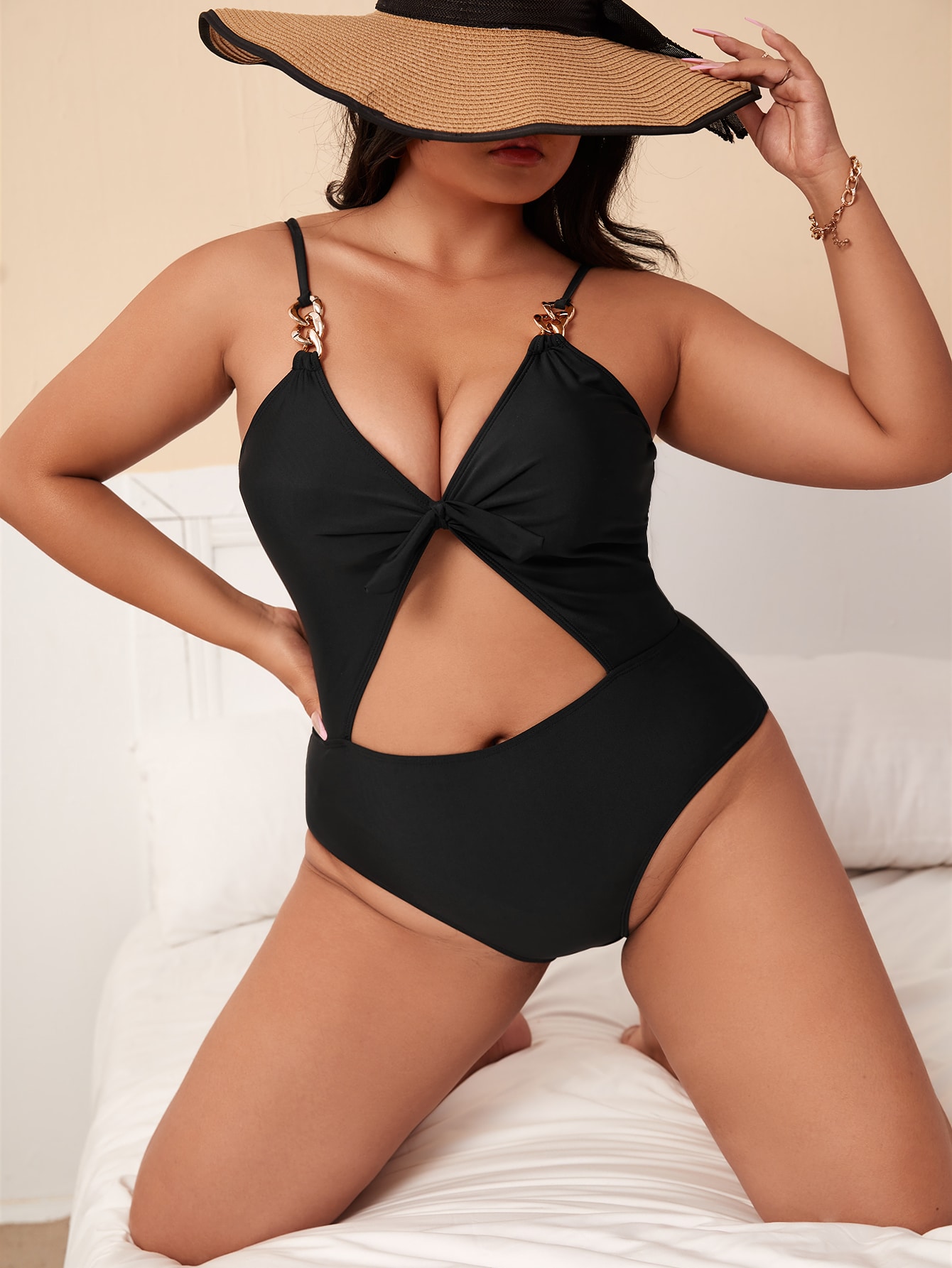 Plus Plain Chain Linked Cut Out Knot Front One Piece Swimsuit Shein Usa