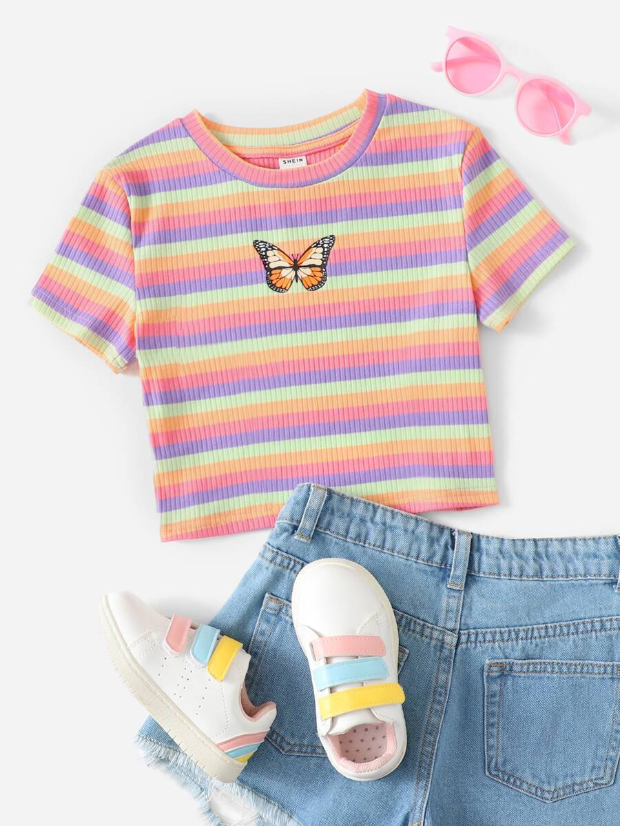 SHEIN Tween Girl Rib-Knit Butterfly And Rainbow Striped Top | SHEIN USA