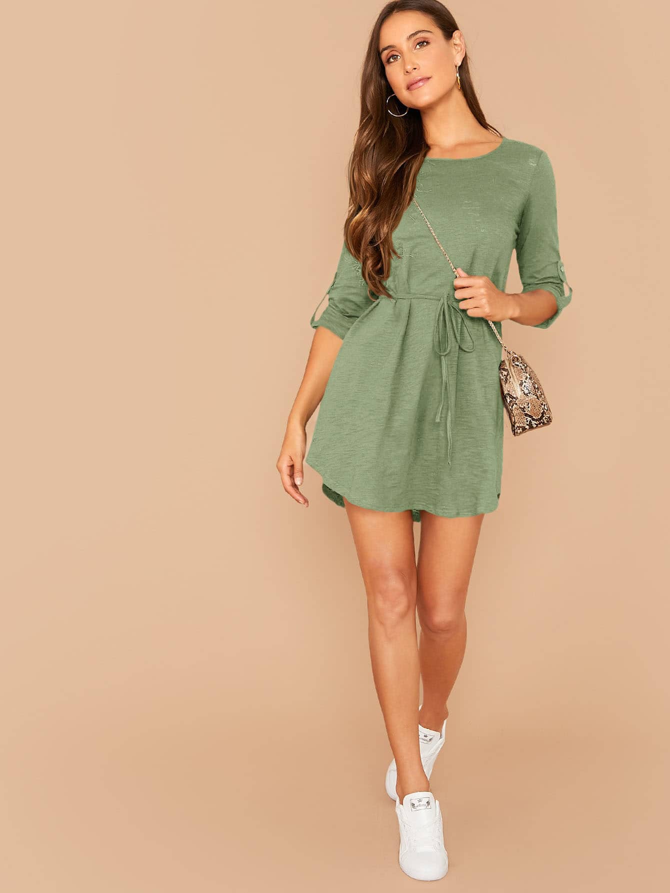 Shein Essnce Roll Tab Sleeve Curved Hem Belted Dress Shein Uk