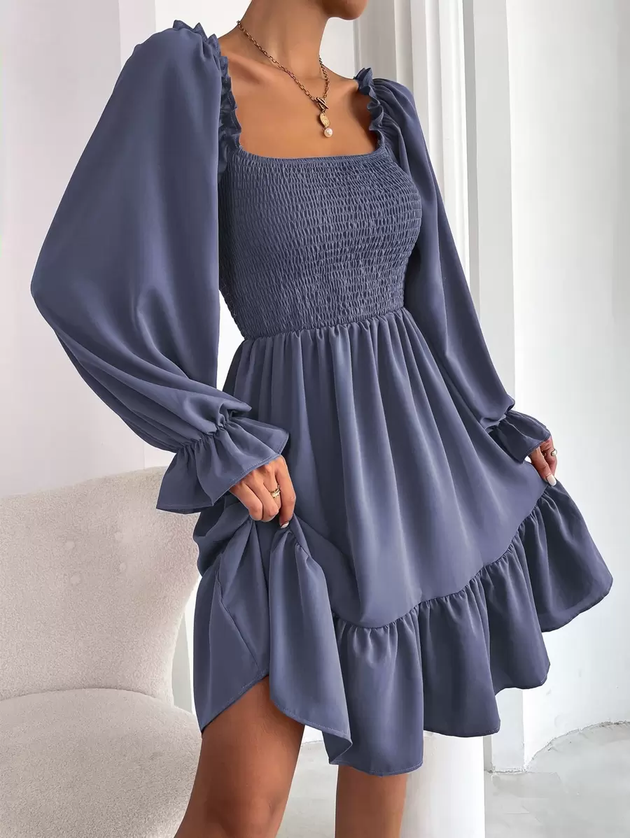 Chiquease Square Neck Shirred Bodice Flounce Sleeve Ruffle Hem Dress | SHEIN USA