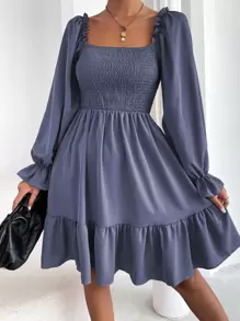 Chiquease Square Neck Shirred Bodice Flounce Sleeve Ruffle Hem Dress | SHEIN USA