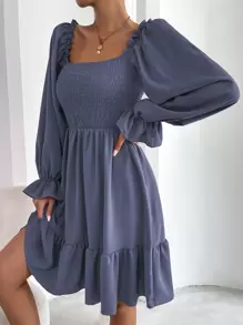 Chiquease Square Neck Shirred Bodice Flounce Sleeve Ruffle Hem Dress | SHEIN USA