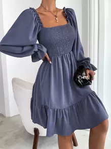 Chiquease Square Neck Shirred Bodice Flounce Sleeve Ruffle Hem Dress | SHEIN USA