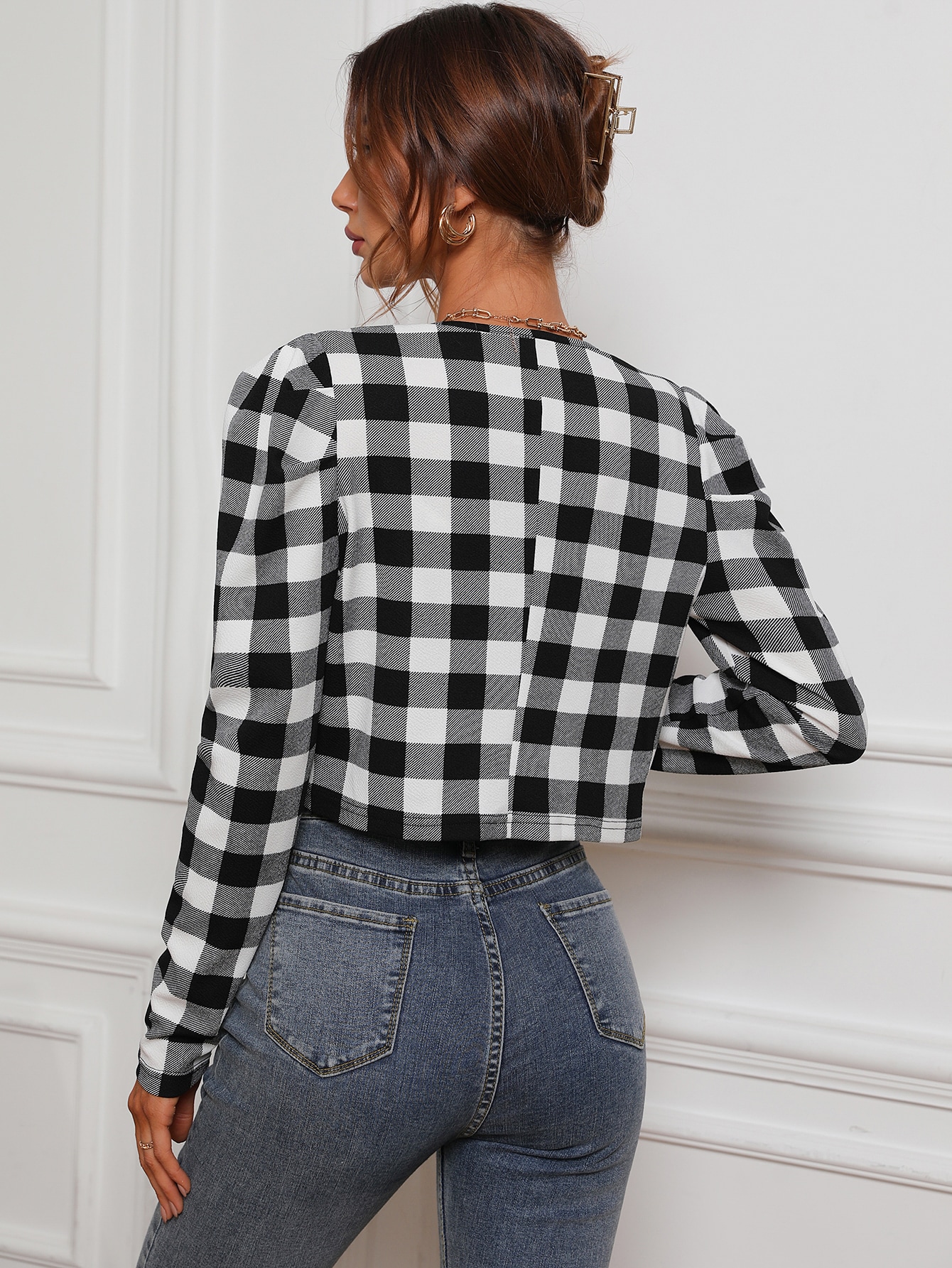 SHEIN Privé Buffalo Plaid Puff Sleeve Open Front Jacket | SHEIN USA