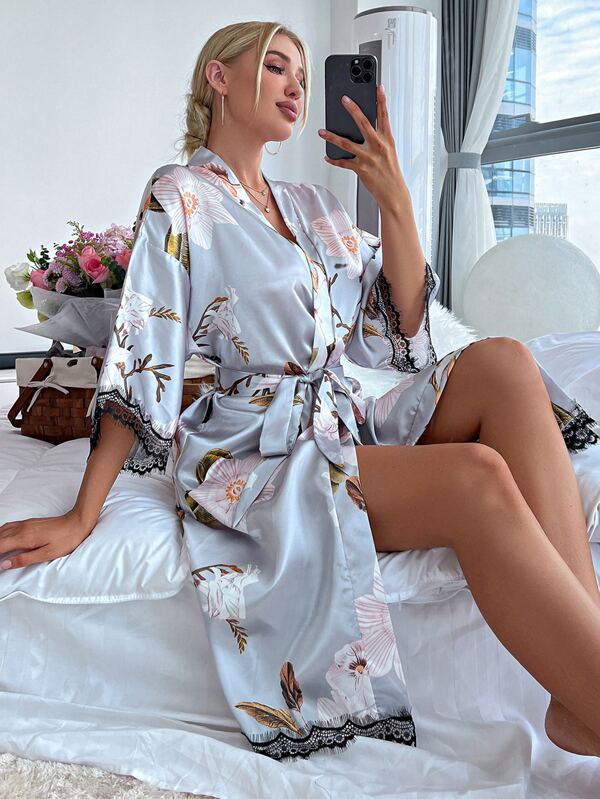 Floral Print Drop Shoulder Contrast Eyelash Lace Belted Satin Sleep ...