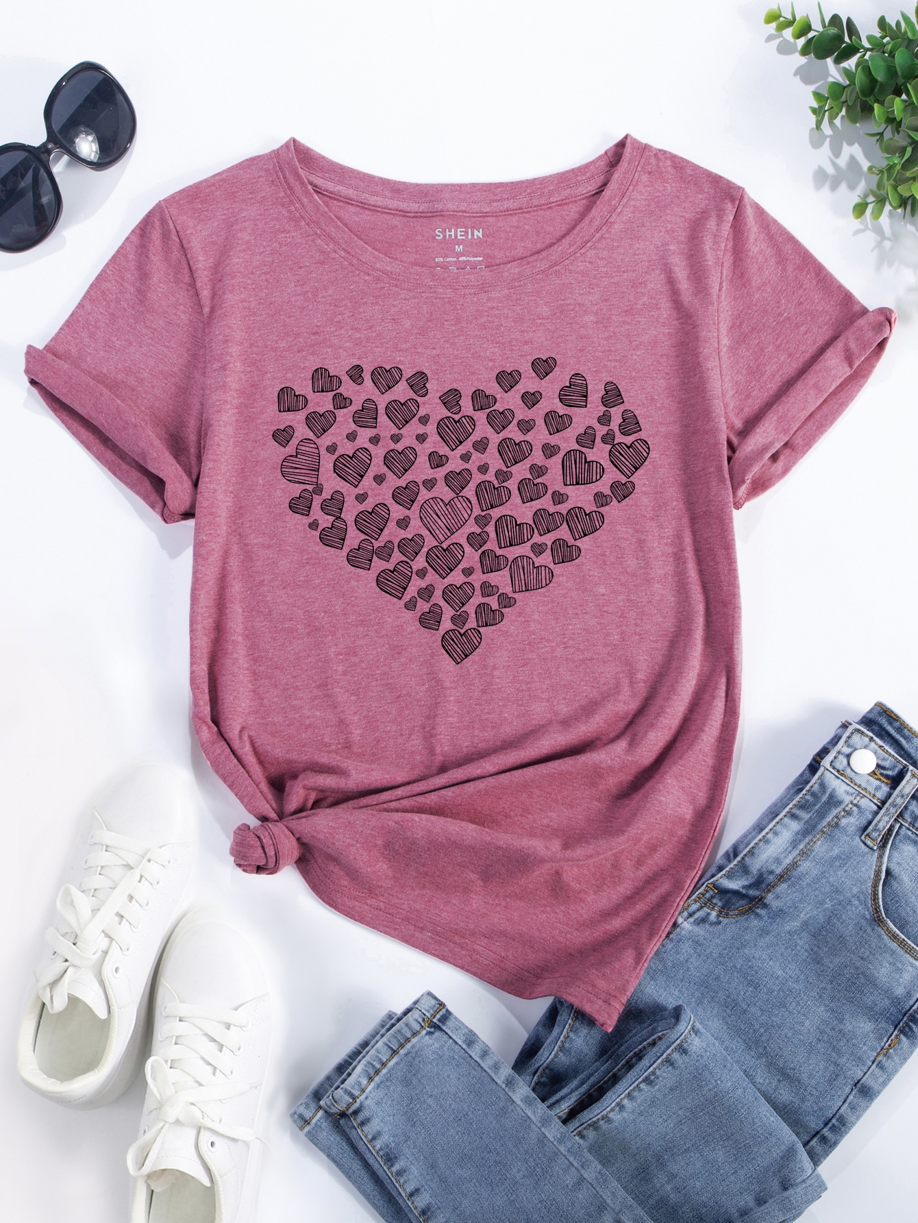 Heart Print Round Neck Tee