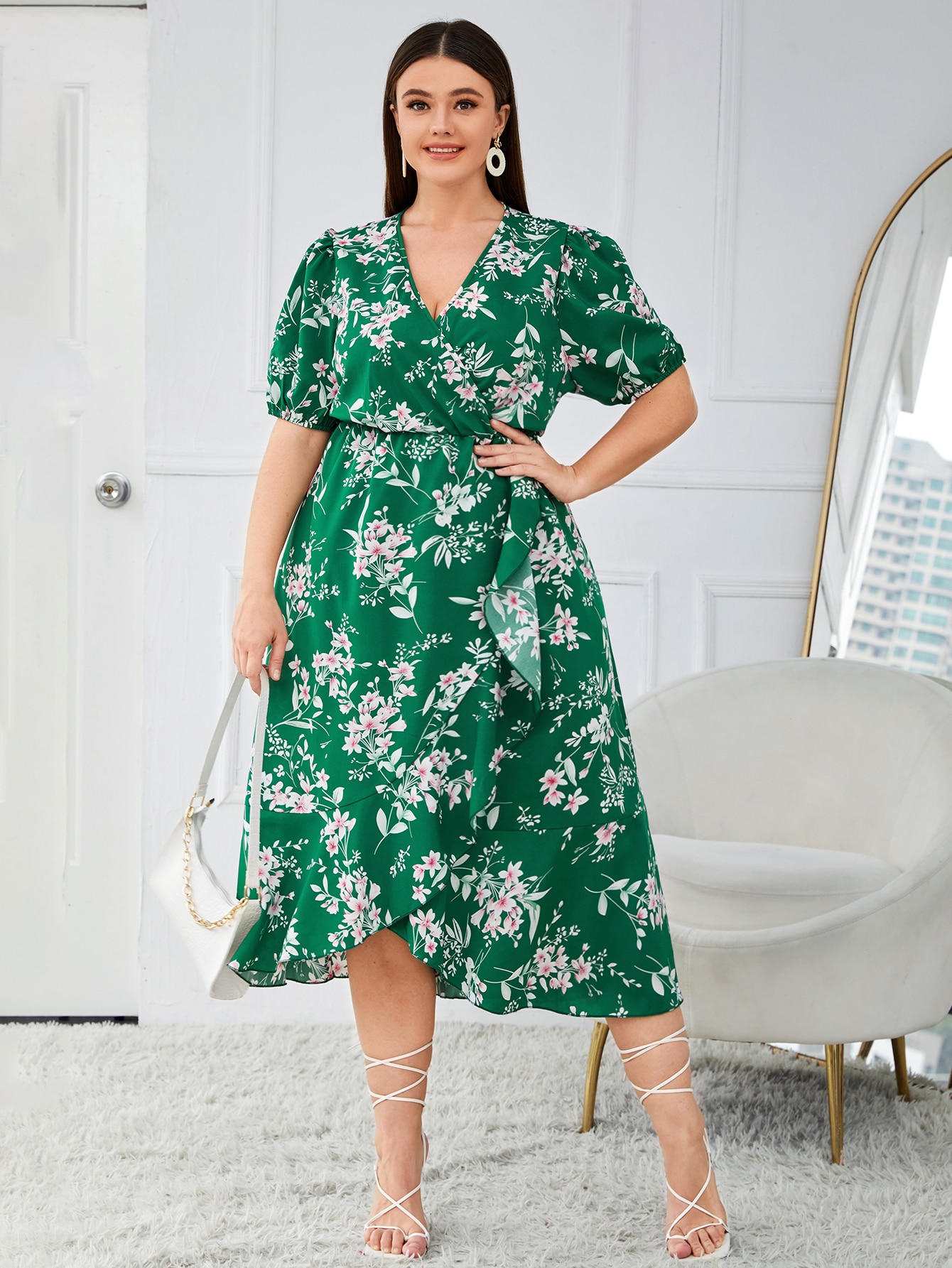 Plus Floral Print Puff Sleeve Ruffle Wrap Hem Dress | SHEIN USA