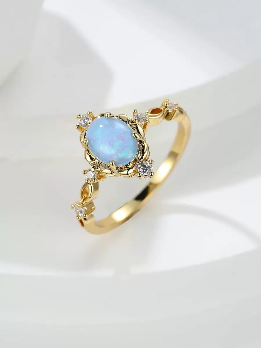 1pc Retro Palace Style 4-prong Setting Artificial Opal Ring In Egg ...