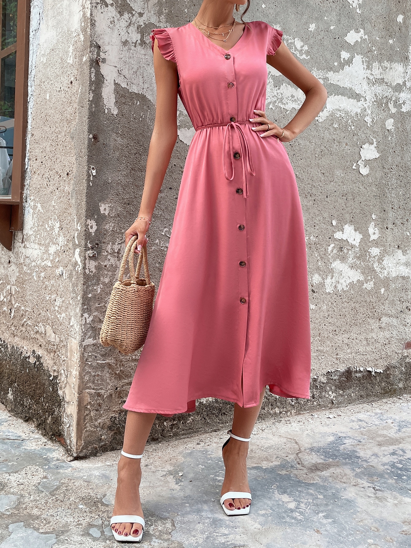 A-Line Button Front Drawstring Ruffle Dress | SHEIN USA