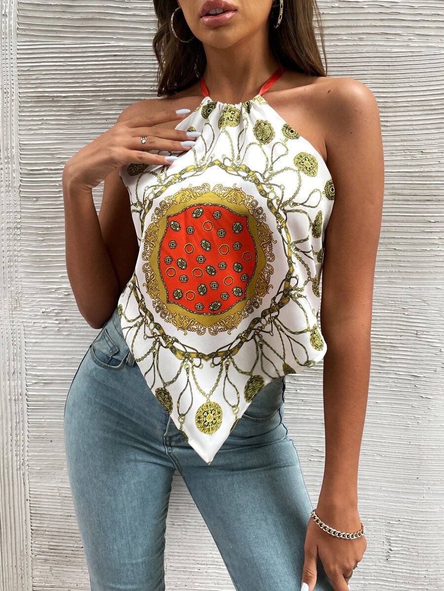 Halter Neck Chain & Scarf Print Asymmetrical Hem Top | SHEIN USA