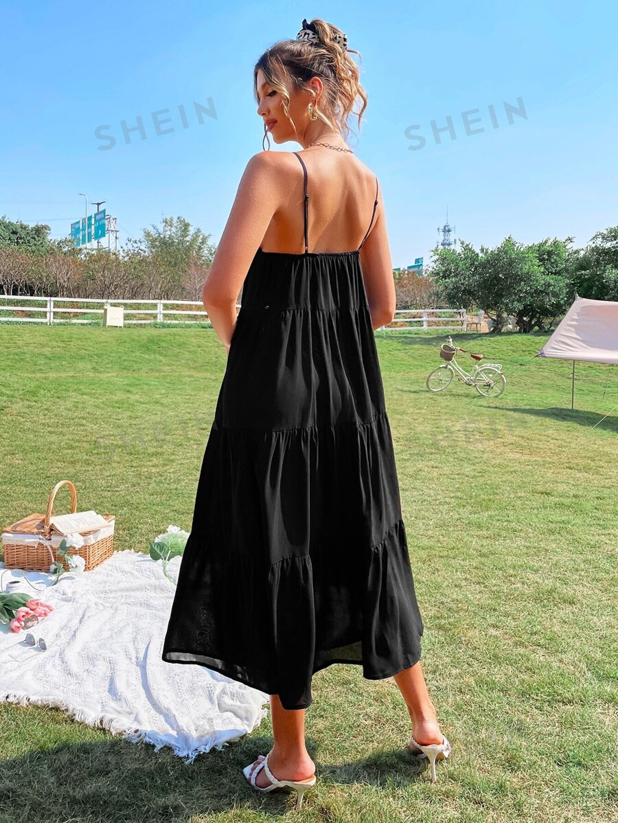 SHEIN VCAY Women Summer Beach Cut Out Front Ruffle Hem Cami Maxi Black Dress | SHEIN USA