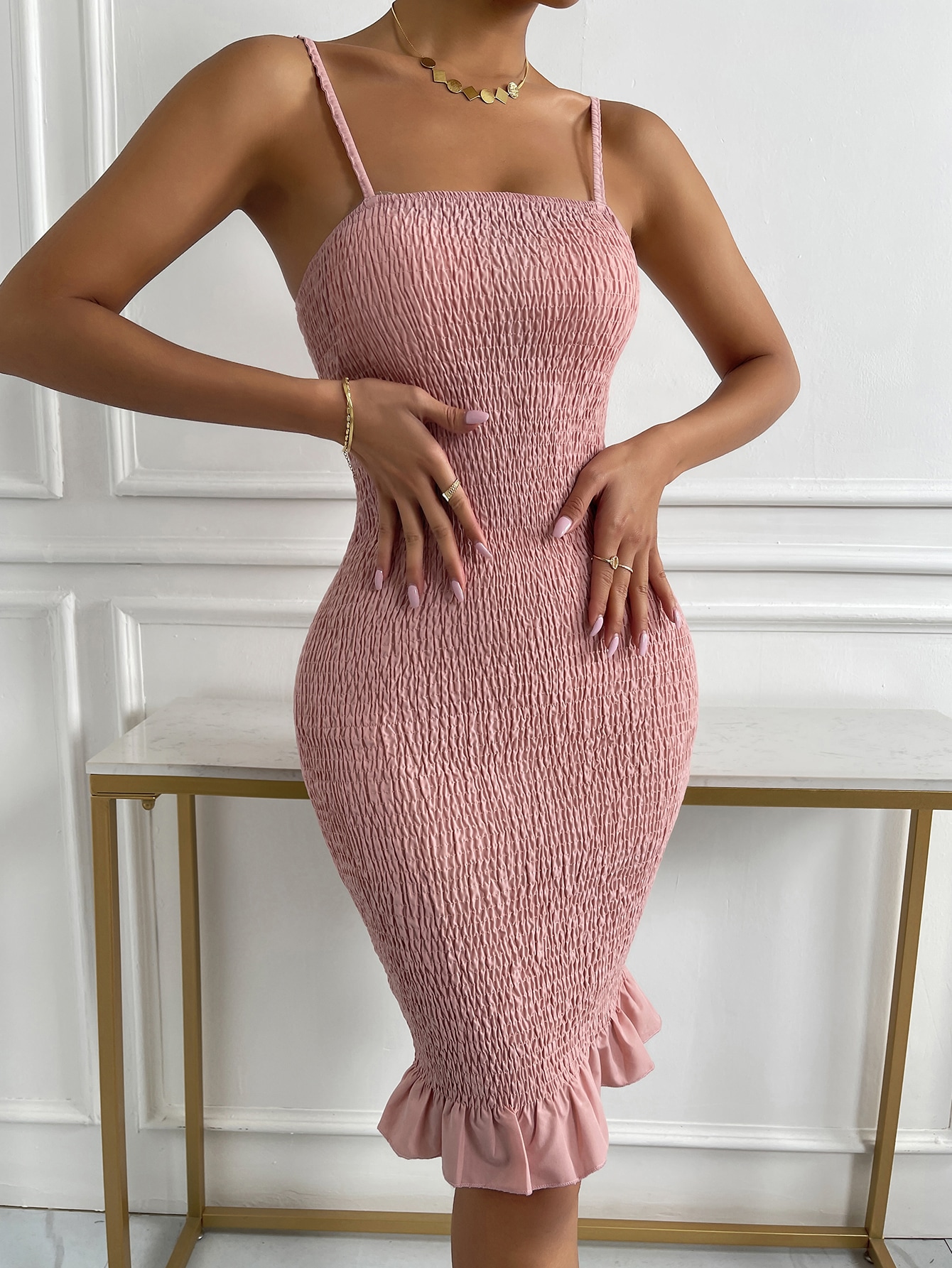 Shirred Ruffle Hem Cami Dress