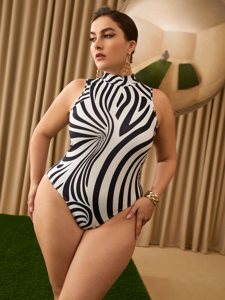 SHEIN Privé Plus Mock Neck Zebra Stripe Print Bodysuit | SHEIN USA
