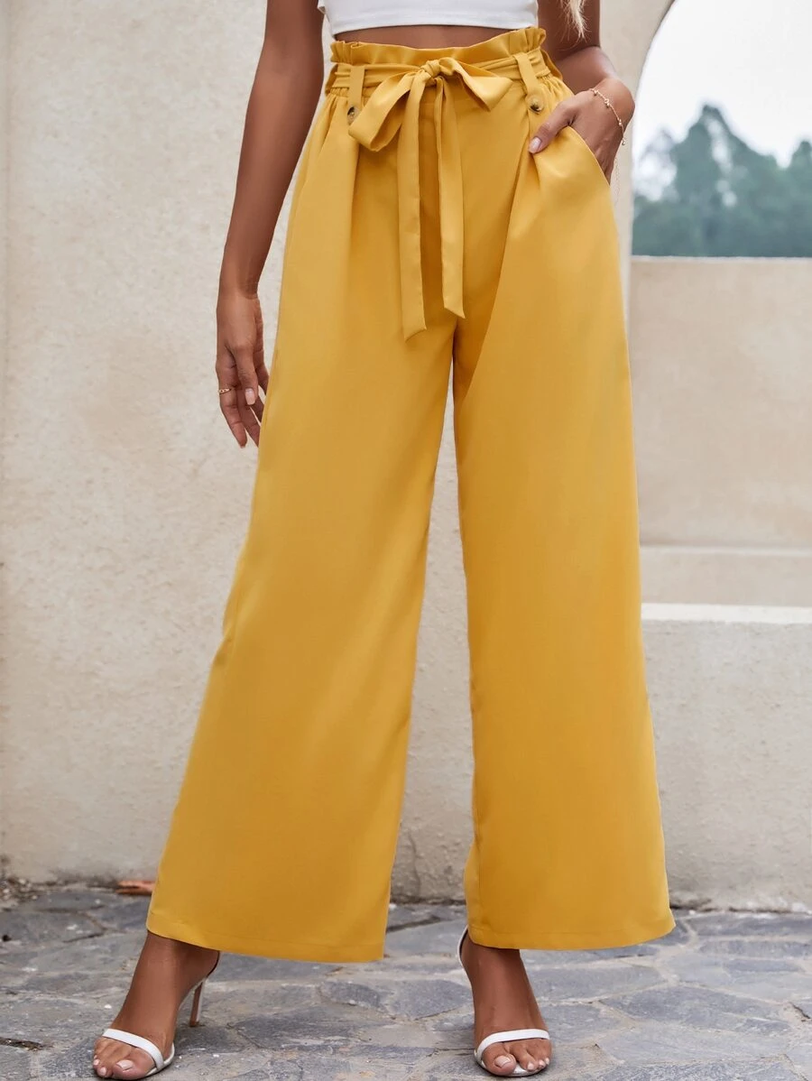 Paperbag Waist Belted Wide Leg Pants | SHEIN USA