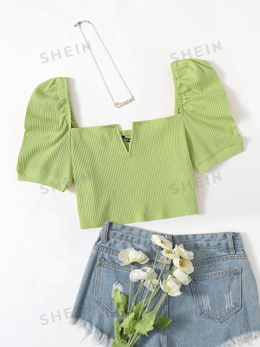 SHEIN WYWH Ribbed V-Wire Puff Sleeve Crop Top | SHEIN UK
