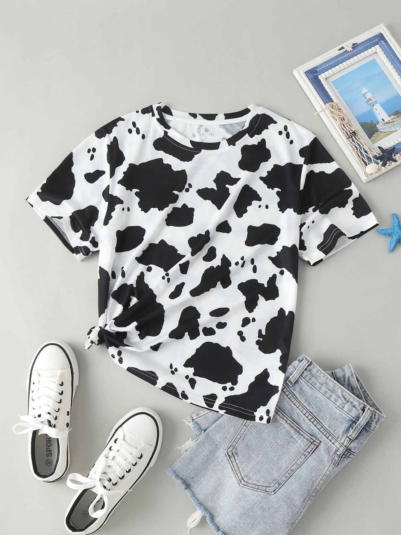 SHEIN LUNE Cow Print Round Neck Tee | SHEIN USA